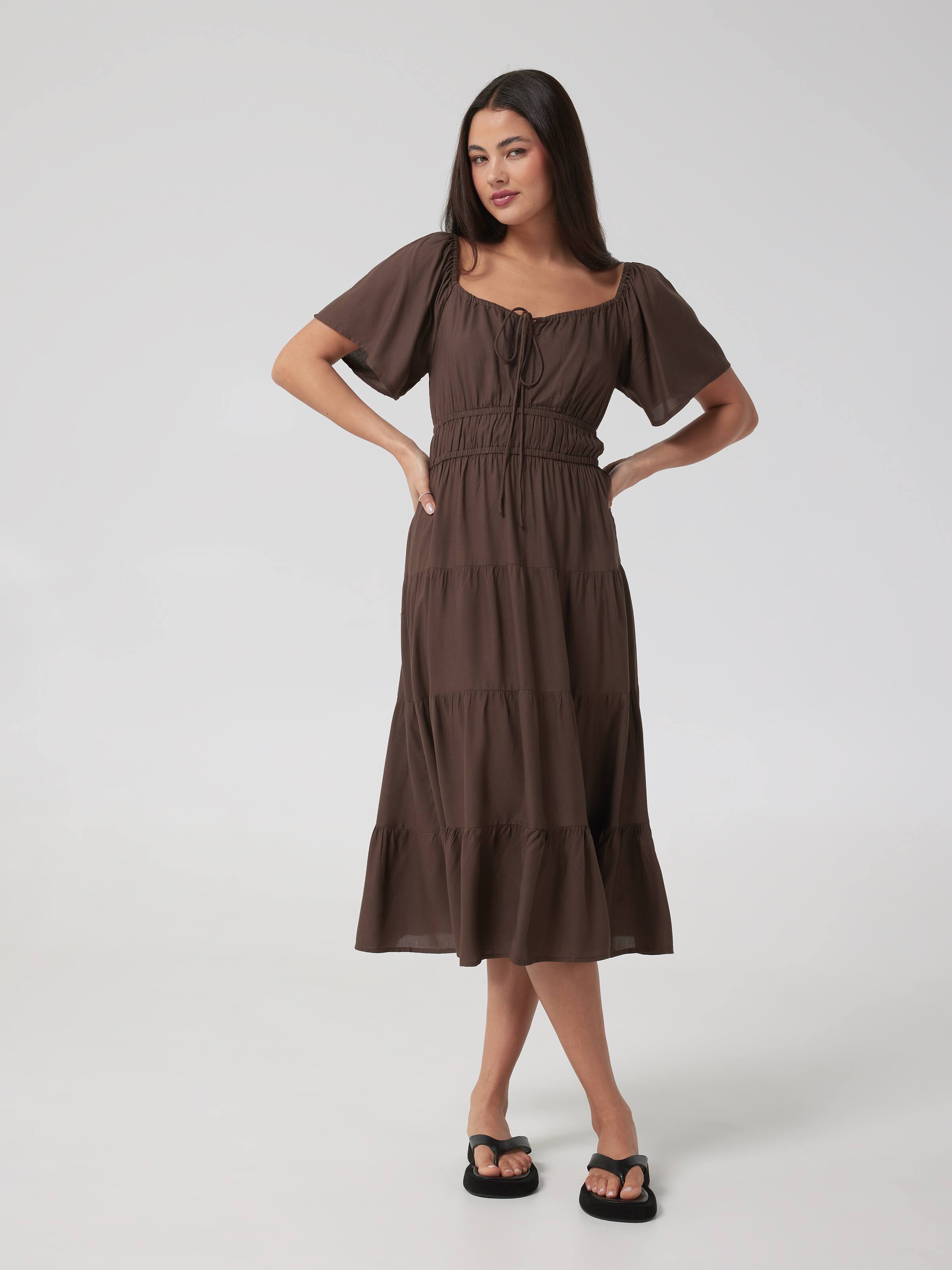 Dana Flutter Short Sleeve Midi Coffee - Jay Jays Online
